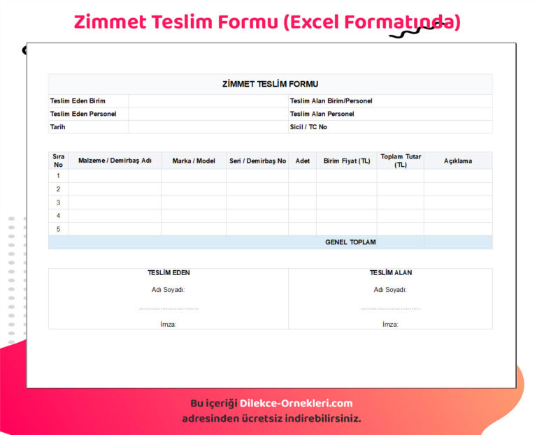 Zimmet Formu Örneği - Excel ve Word Formatında - Dilekçe Örnekleri
